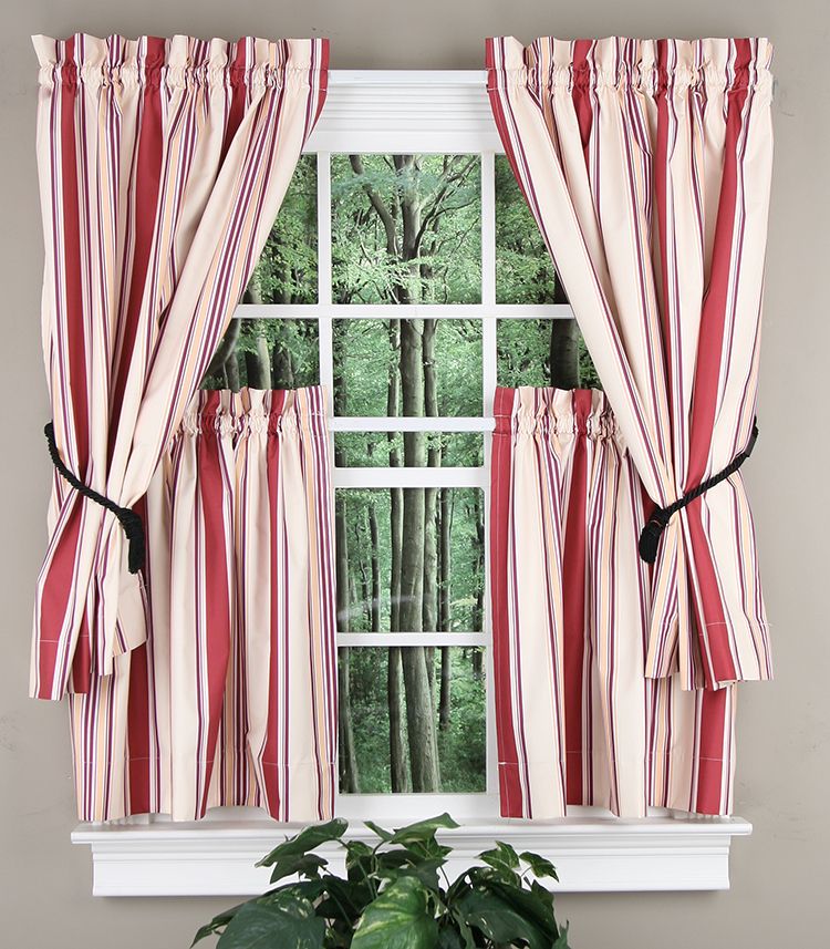 Concord Stripe Lined Kitchen Curtains | Burgundy - Curtains – Swags Galore