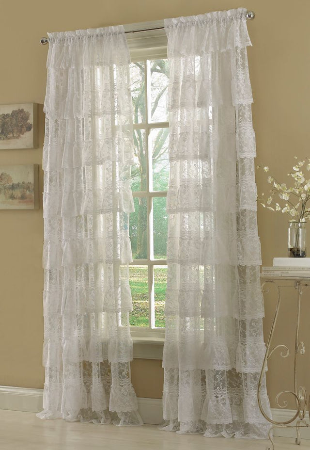 Priscilla Lace Curtain Ruffled Panel Pair - White – Swags Galore